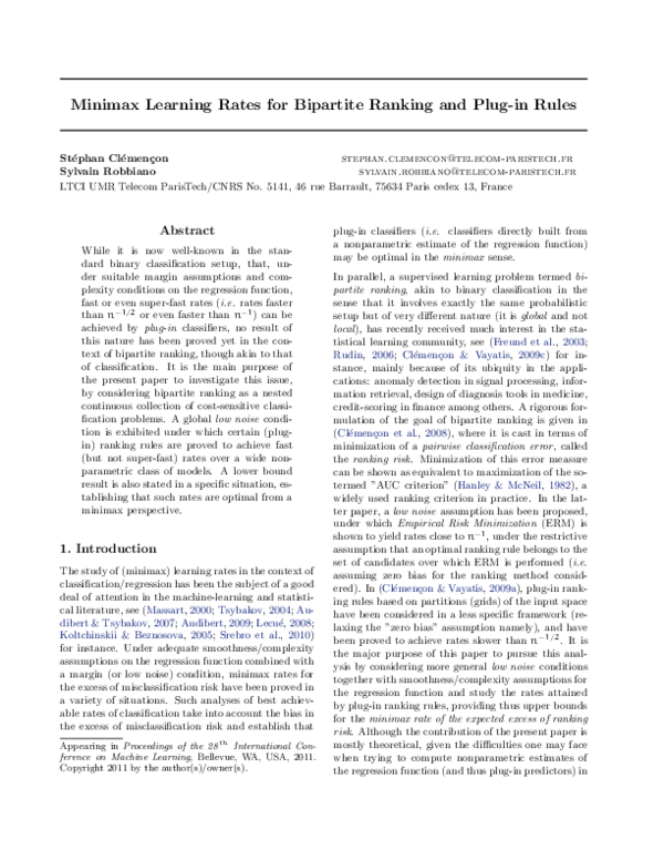 Pdf Minimax Learning Rates For Bipartite Ranking And Plug In Rules Stephan Clemencon