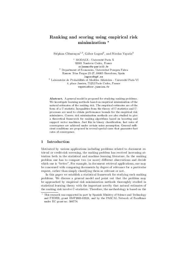 Ranking and Scoring Using Empirical Risk Minimization