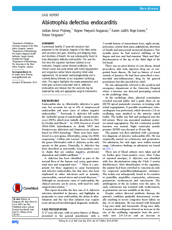 (PDF) Abiotrophia defectiva endocarditis