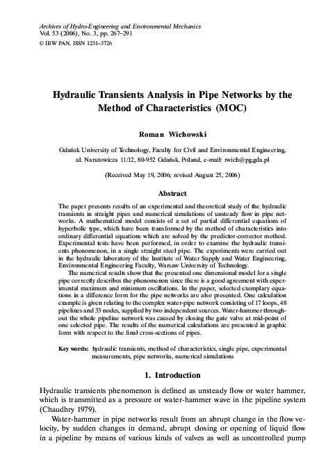 (PDF) Hydraulic Transients Analysis in Pipe Networks by the Method of Characteristics (MOC)