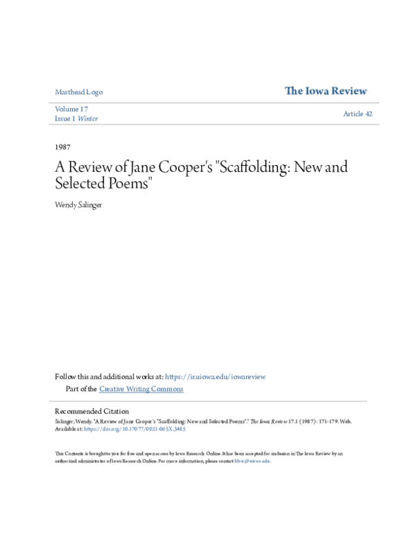 (PDF) A Review of Jane Cooper's "Scaffolding: New and Selected Poems
