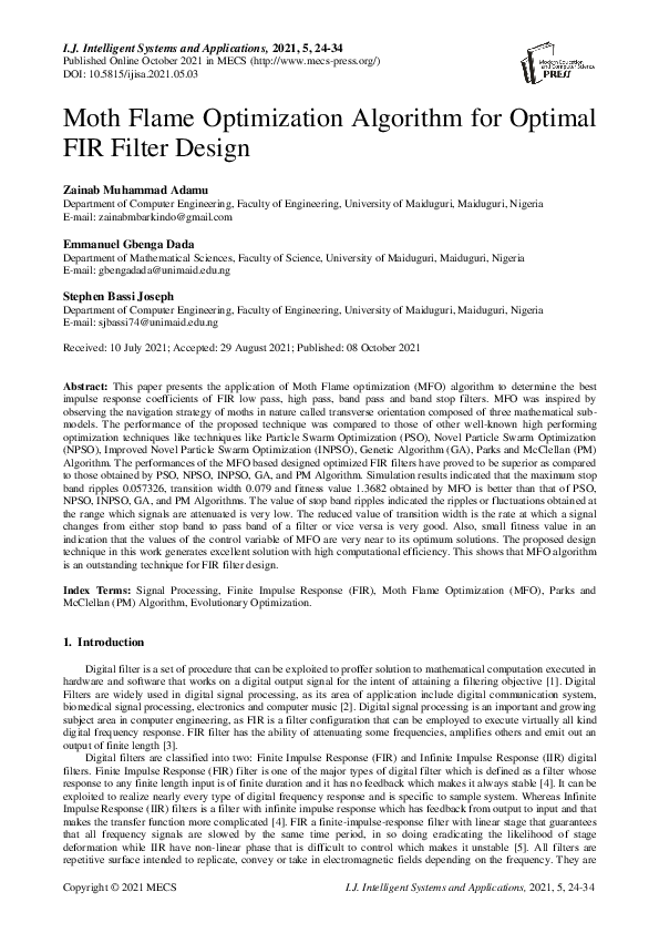 (PDF) Moth Flame Optimization Algorithm for Optimal FIR Filter Design | ZAINAB MUHAMMAD ADAMU ...