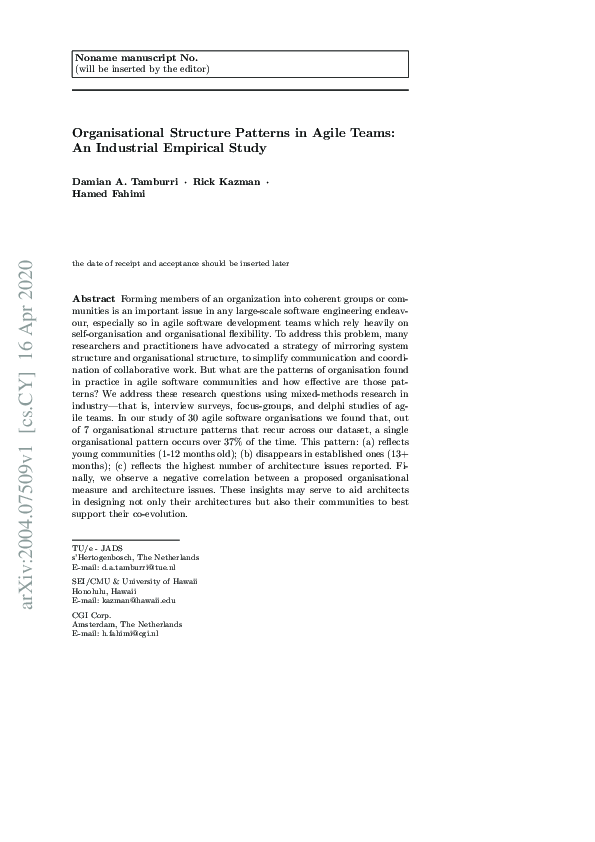 (PDF) Organisational Structure Patterns in Agile Teams: An Industrial Empirical Study