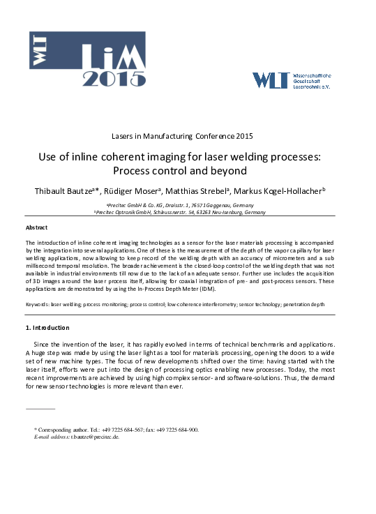 (PDF) Lasers in Manufacturing Conference 2015 Use of inline coherent ...