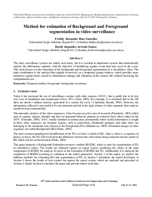 Pdf Method For Estimation Of Background And Foreground Segmentation In Video Surveillance 1407