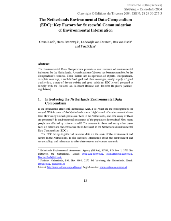 (PDF) The Netherlands Environmental Data Compendium (EDC): Key Factors ...