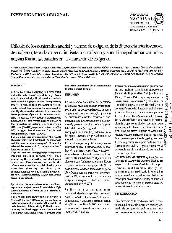 (PDF) Cálculo de los contenidos arterial y venoso de oxígeno, de la ...