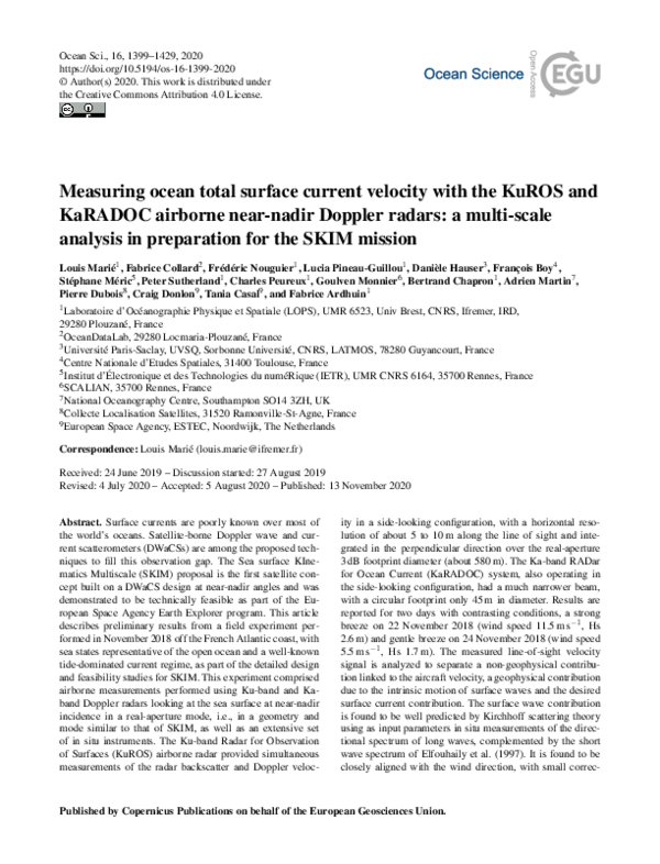(PDF) Measuring ocean total surface current velocity with the KuROS and KaRADOC airborne near ...
