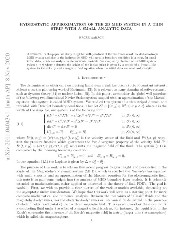 Pdf Hydrostatic Approximation Of The 2d Mhd System In A Thin Strip With A Small Analytic Data