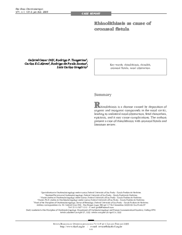 (PDF) Rhinolithiasis as cause of oronasal fistula