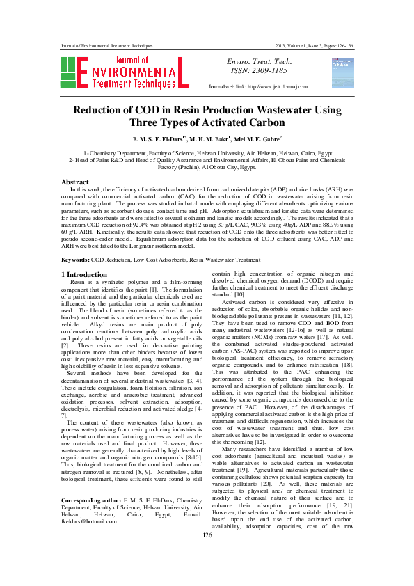 (PDF) Reduction of COD in Resin Production Wastewater Using Three Types of Activated Carbon