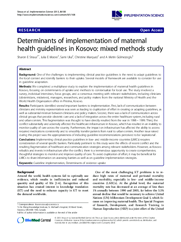 (PDF) Open Access Determinants of implementation of maternal health guidelines in Kosovo: mixed ...