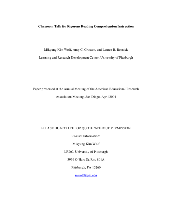 Classroom Talk for Rigorous Reading Comprehension Instruction