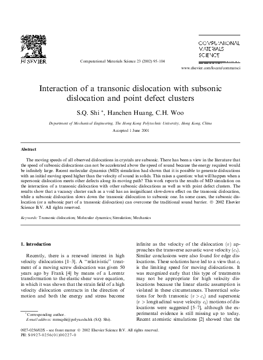 (PDF) Interaction of a transonic dislocation with subsonic dislocation and point defect clusters