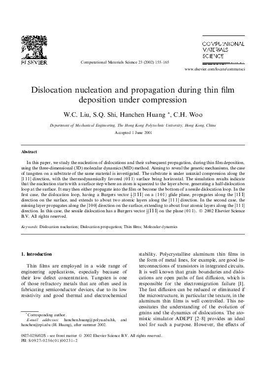 (PDF) Dislocation nucleation and propagation during thin film deposition under compression