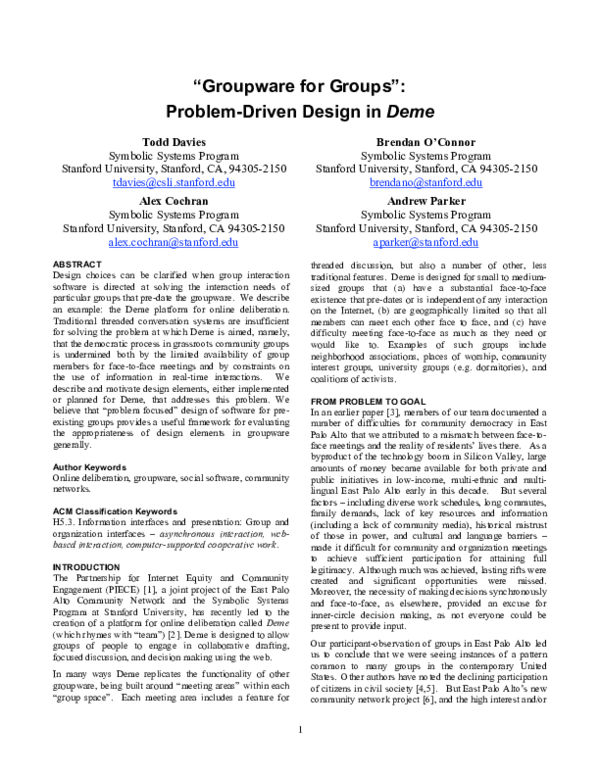 (PDF) 1 “Groupware for Groups”: Problem-Driven Design in Deme