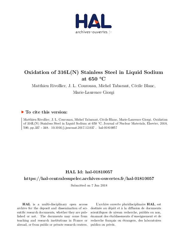 (PDF) Oxidation of 316L(N) stainless steel in liquid sodium at 650 °C