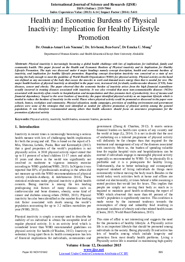 (PDF) Health and Economic Burdens of Physical Inactivity : Implication ...