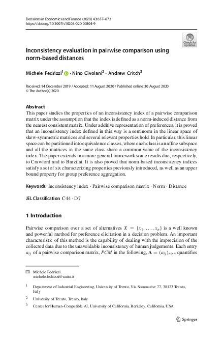 Pdf Inconsistency Evaluation In Pairwise Comparison Using Norm Based Distances