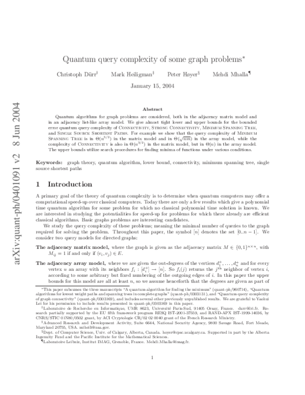 Pdf Quantum Query Complexity Of Some Graph Problems
