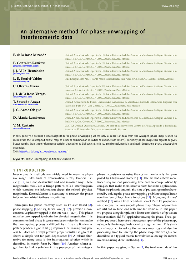 (PDF) An alternative method for phase-unwrapping of interferometric data | Victor Castano ...