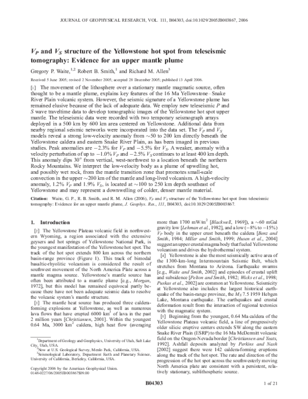 (PDF) VP and VS structure of the Yellowstone hot spot from teleseismic ...