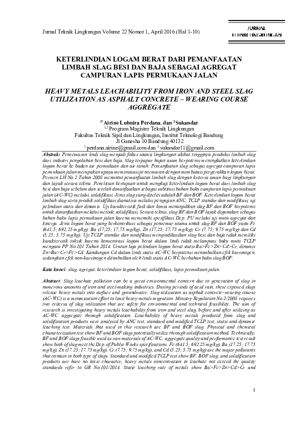 (PDF) Keterlindian Logam Berat Dari Pemanfaatan Limbah Slag Besi Dan ...