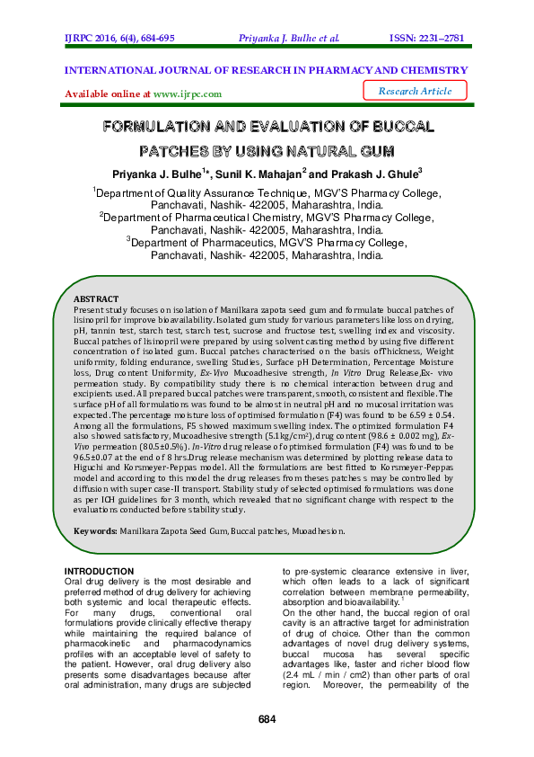 (PDF) Formulation and Evaluation of Buccal Patches by Using Natural Gum