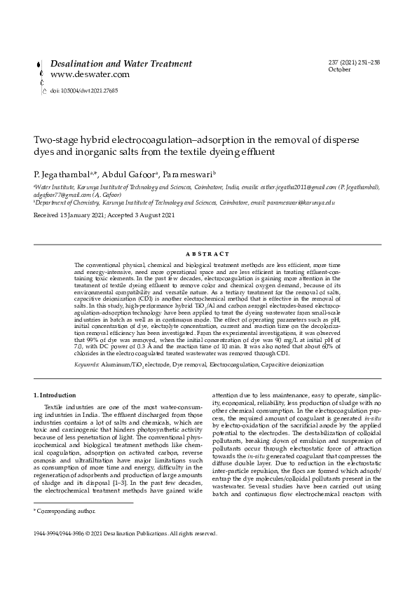 (PDF) Two-stage hybrid electrocoagulation–adsorption in the removal of disperse dyes and ...