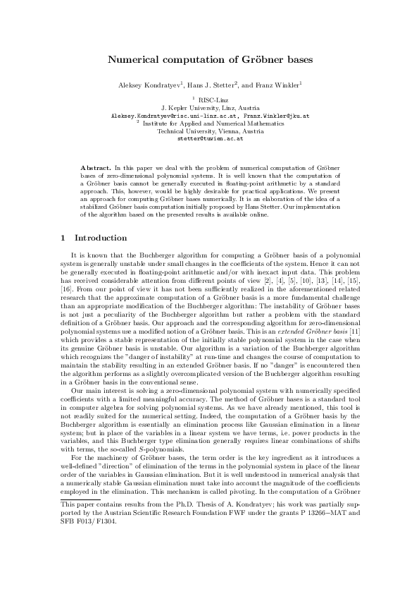 (PDF) Numerical computation of Gröbner bases