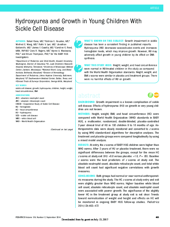 (PDF) Hydroxyurea and growth in young children with sickle cell disease