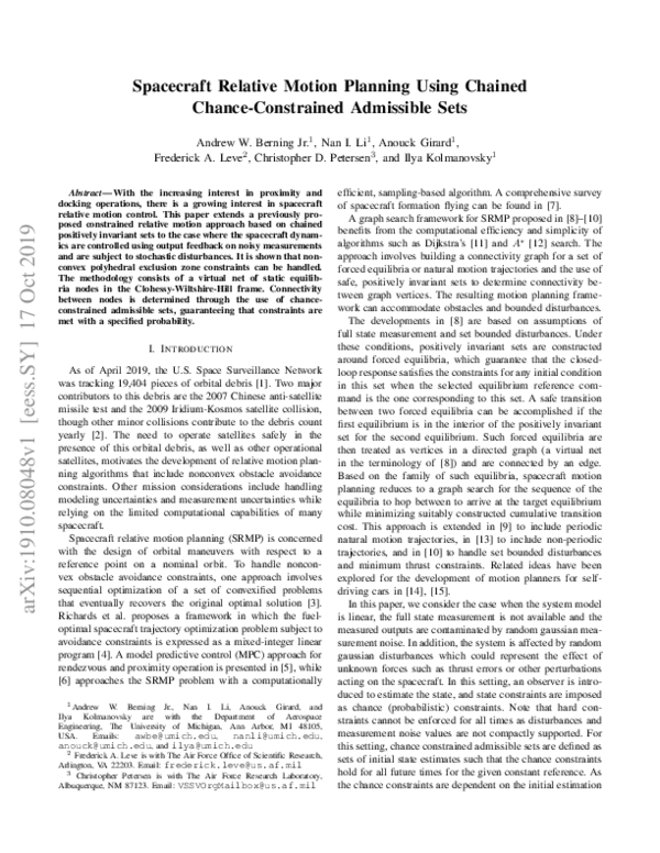 (PDF) Spacecraft Relative Motion Planning Using Chained Chance-Constrained Admissible Sets