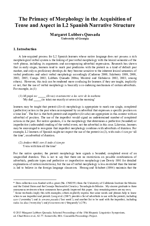 (PDF) The Primacy of Morphology in theAcquisition of Tense and Aspect in L2 Spanish Narrative ...