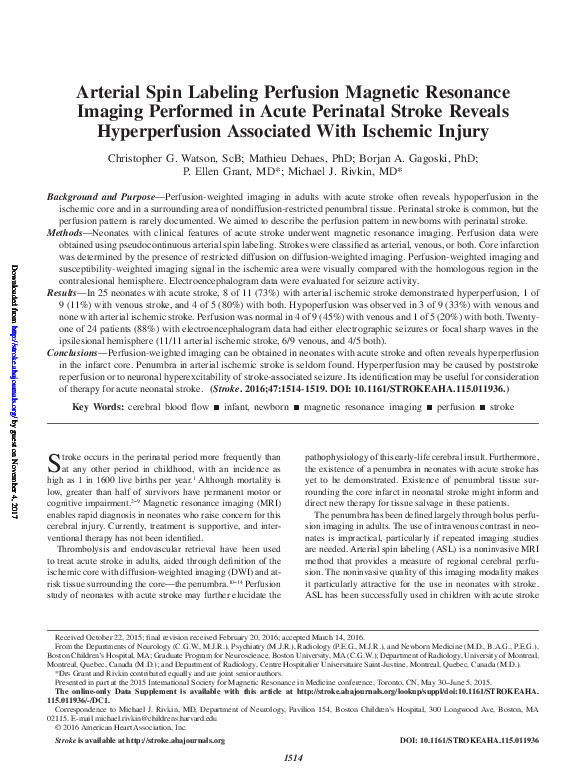 (PDF) Arterial Spin Labeling Perfusion Magnetic Resonance Imaging Performed in Acute Perinatal ...