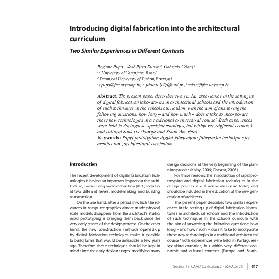 (PDF) Introducing digital fabrication into the architectural curriculum ...