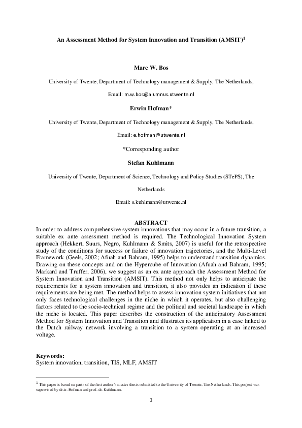 (PDF) An assessment method for system innovation and transition (AMSIT)