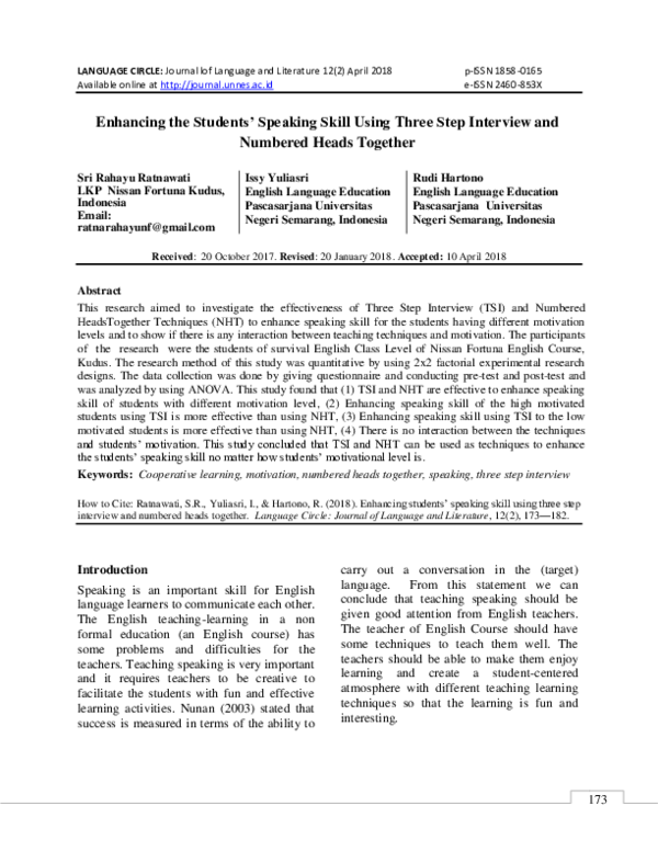 (PDF) Enhancing the Students’ Speaking Skill Using Three Step Interview and Numbered Heads Together