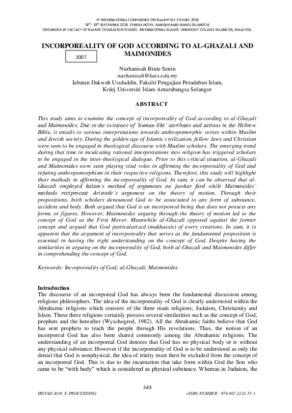 (PDF) Incorporeality of God According to Al-Ghazali and Maimonides