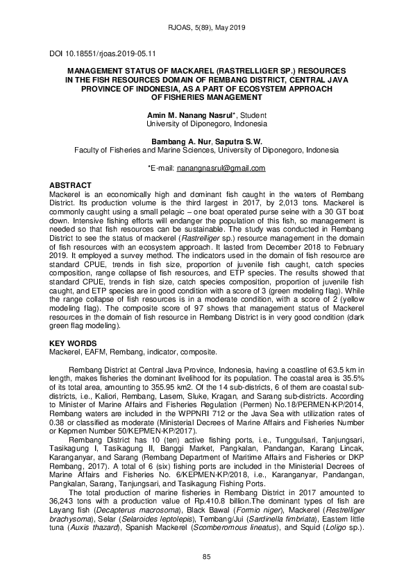 (PDF) Management Status of Mackarel (Rastrelliger SP.) Resources in the ...