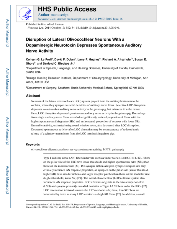 (PDF) Disruption of lateral olivocochlear neurons with a dopaminergic ...