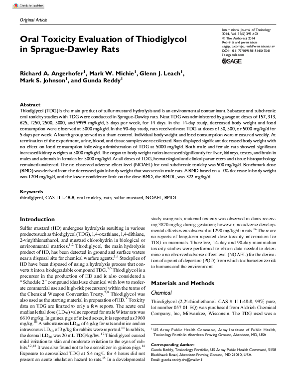 (PDF) Oral toxicity evaluation of thiodiglycol in Sprague-Dawley rats