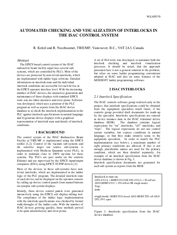 (PDF) Automated Checking and Visualization of Interlocks in the ISAC Control System
