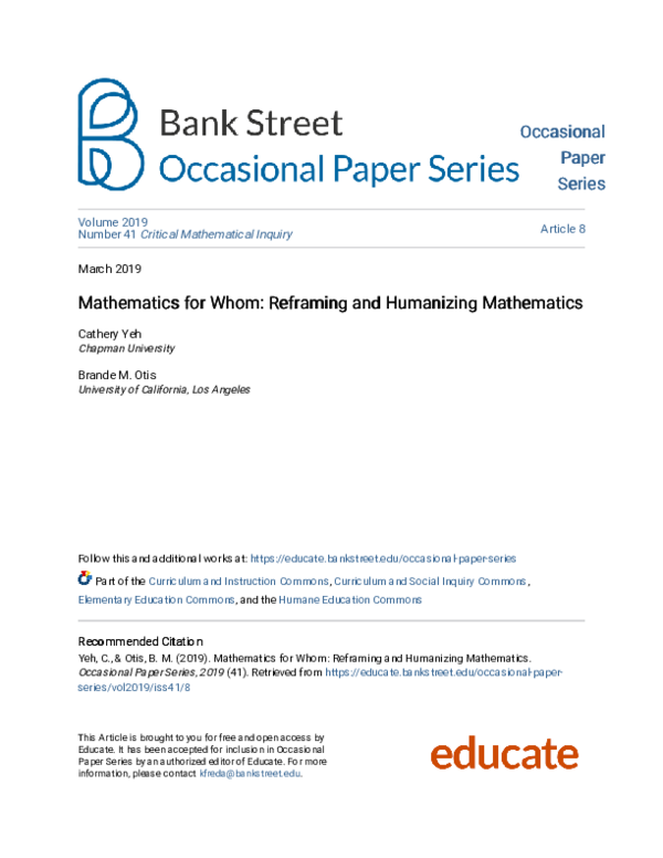 (PDF) Mathematics for Whom: Reframing and Humanizing Mathematics
