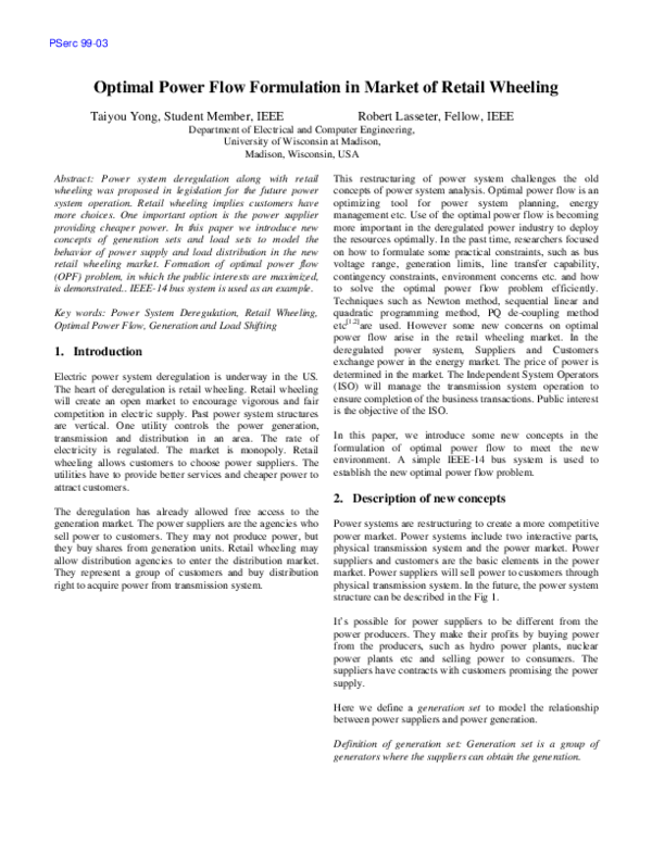(PDF) Optimal power flow formulation in market of retail wheeling