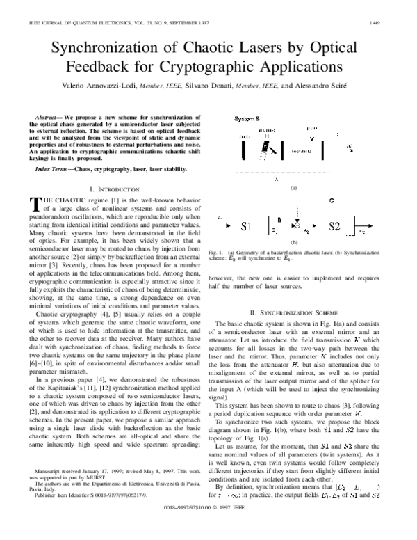 (PDF) Synchronization of chaotic lasers by optical feedback for cryptographic applications