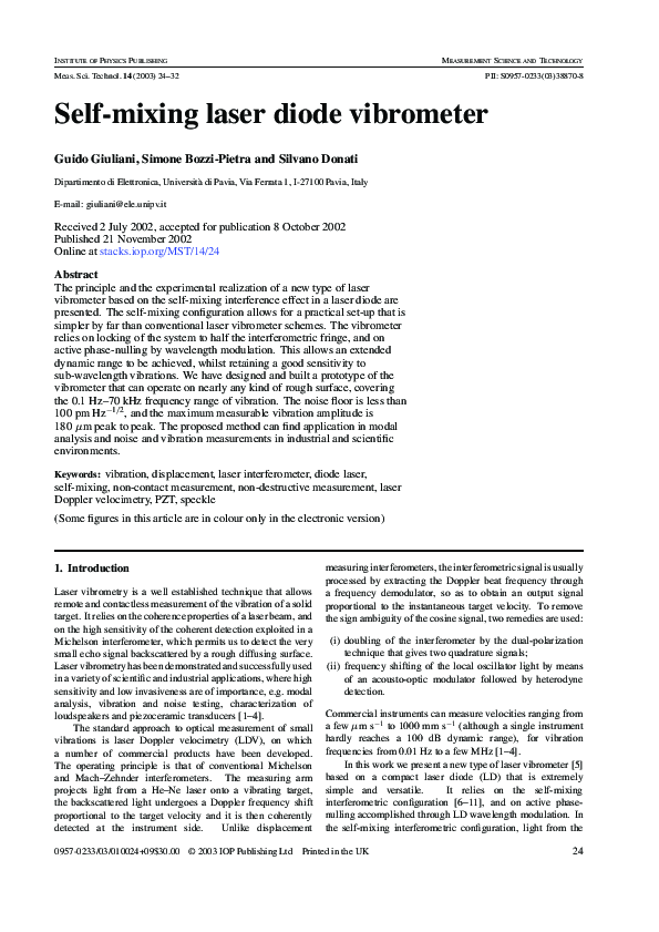 (PDF) Self-mixing laser diode vibrometer
