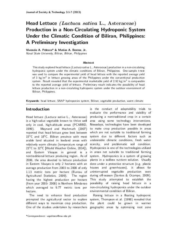 (PDF) Head Lettuce (Lactuca sativa L., Asteraceae) Production in a Non-Circulating Hydroponic ...