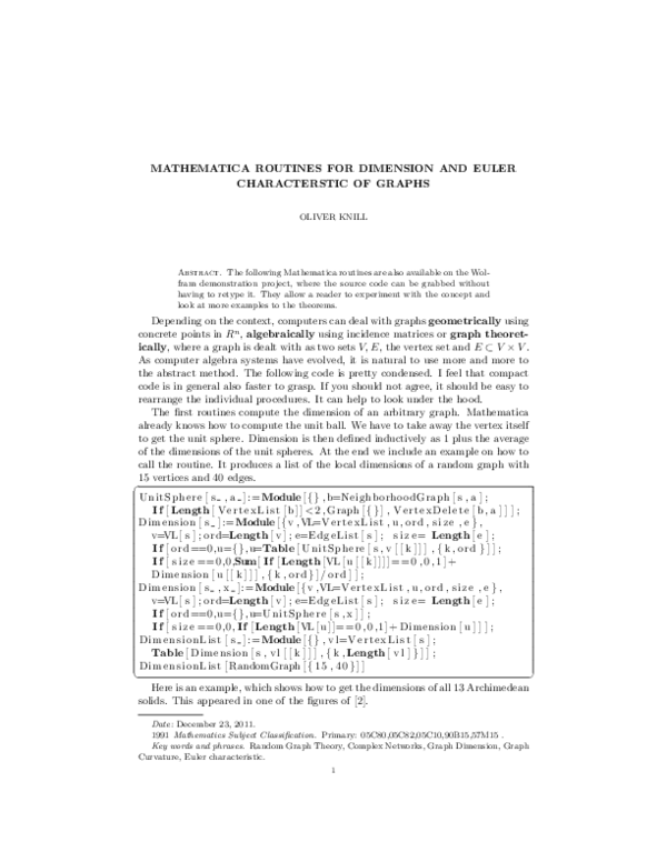 (PDF) Mathematica Routines for Dimension and Euler Characterstic of Graphs