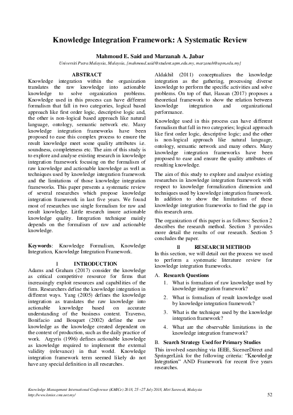 (PDF) Knowledge Integration Framework: A Systematic Review