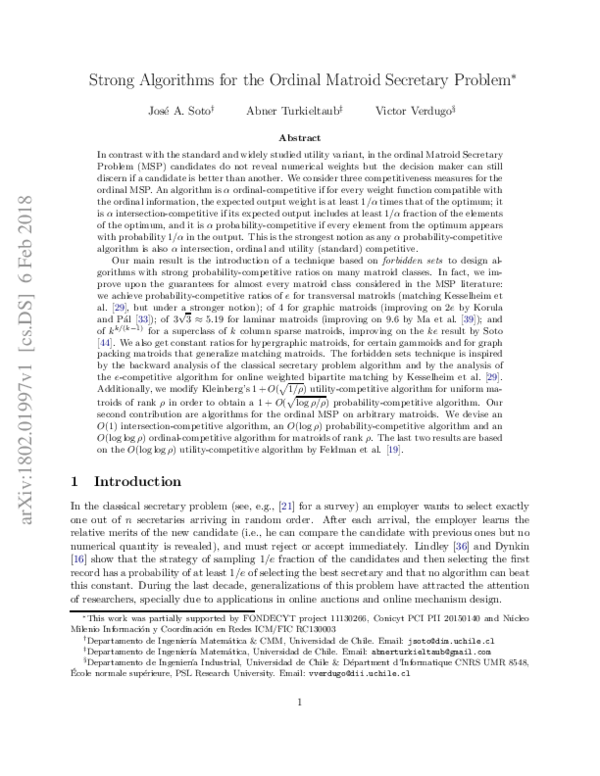 (PDF) Strong Algorithms for the Ordinal Matroid Secretary Problem | Jose A. Soto - Academia.edu